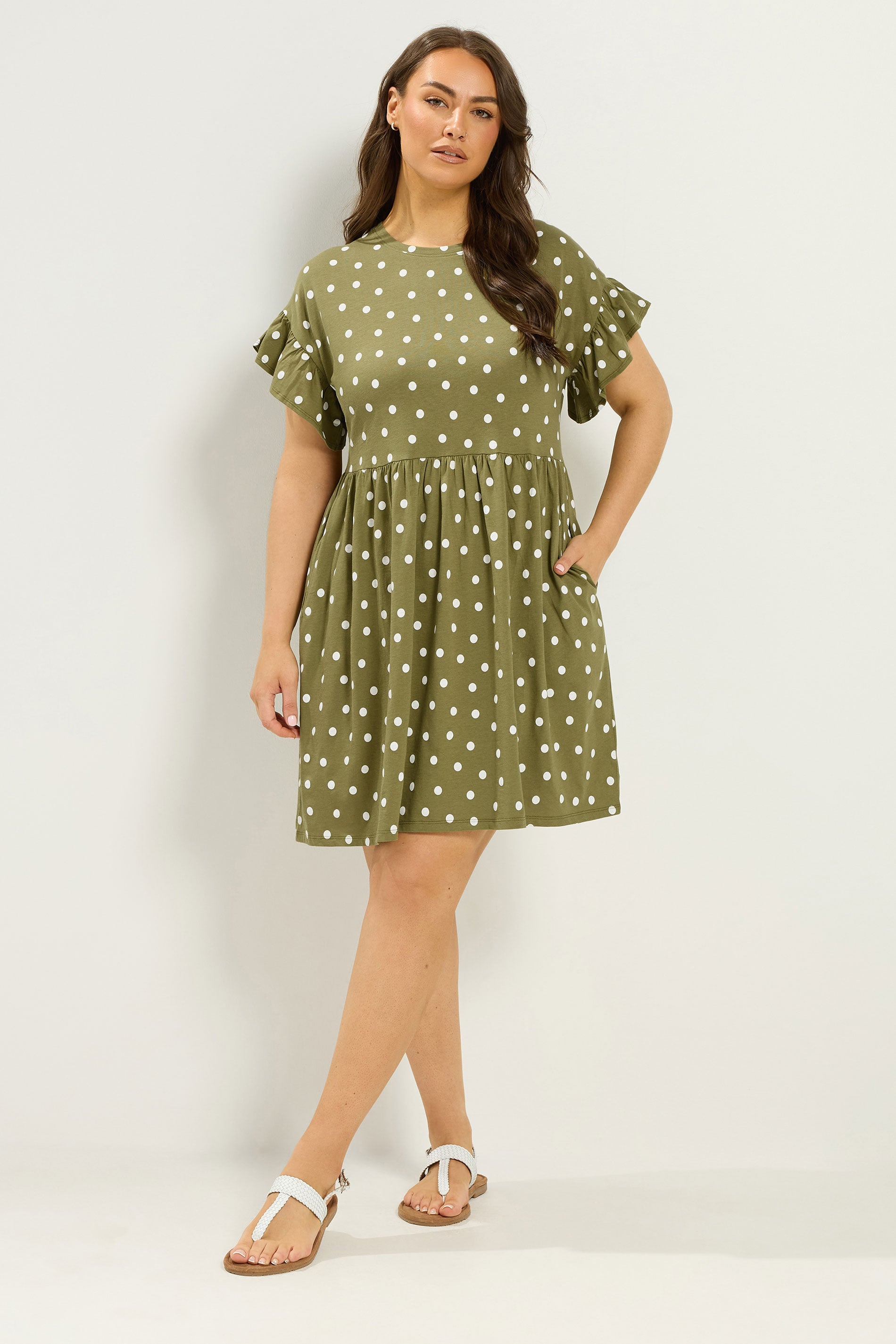 YOURS Plus Size Khaki Green Polka Dot Tunic Dress | Yours Clothing