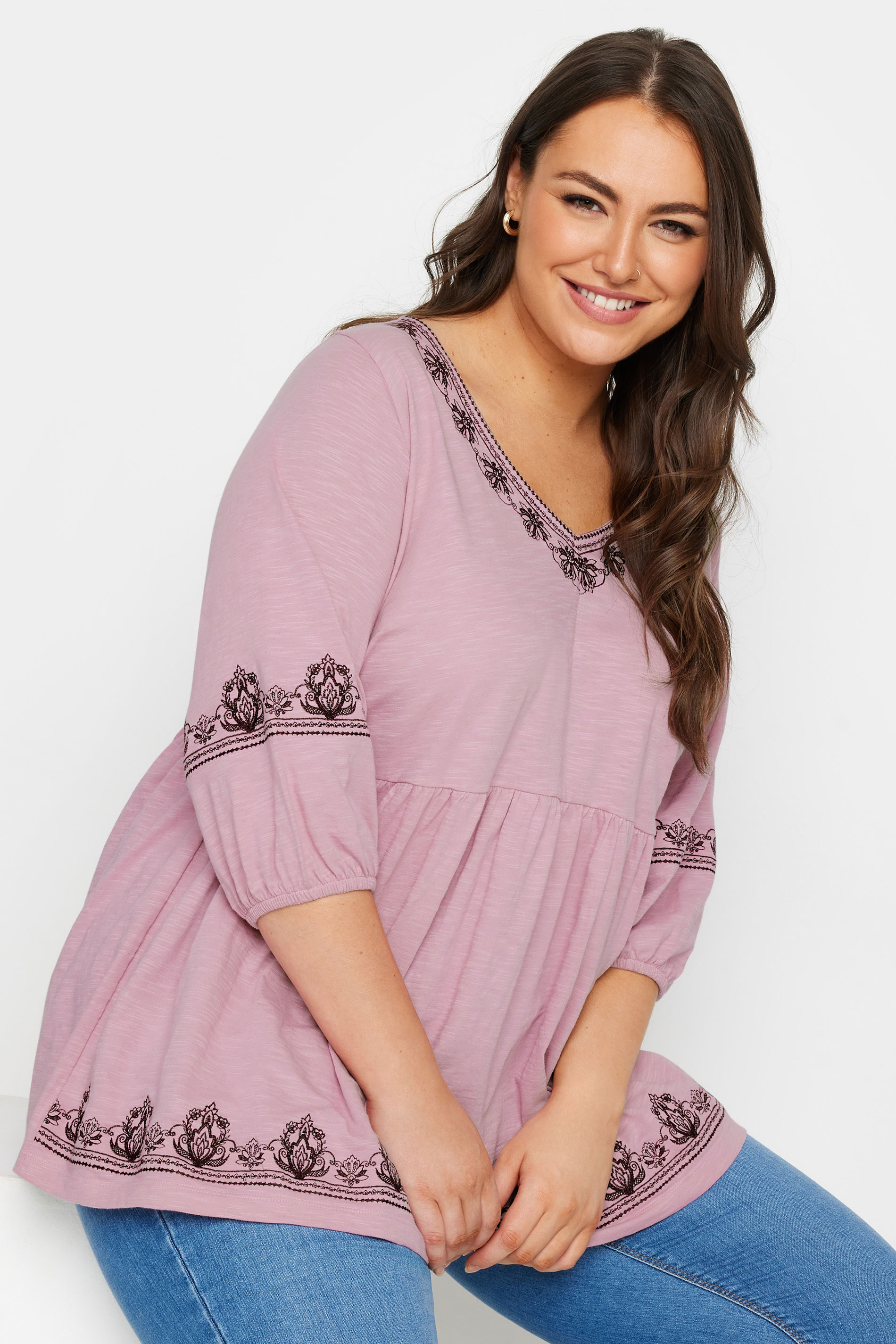 YOURS Plus Size Pink Embroidered Floral Smock Top | Yours Clothing