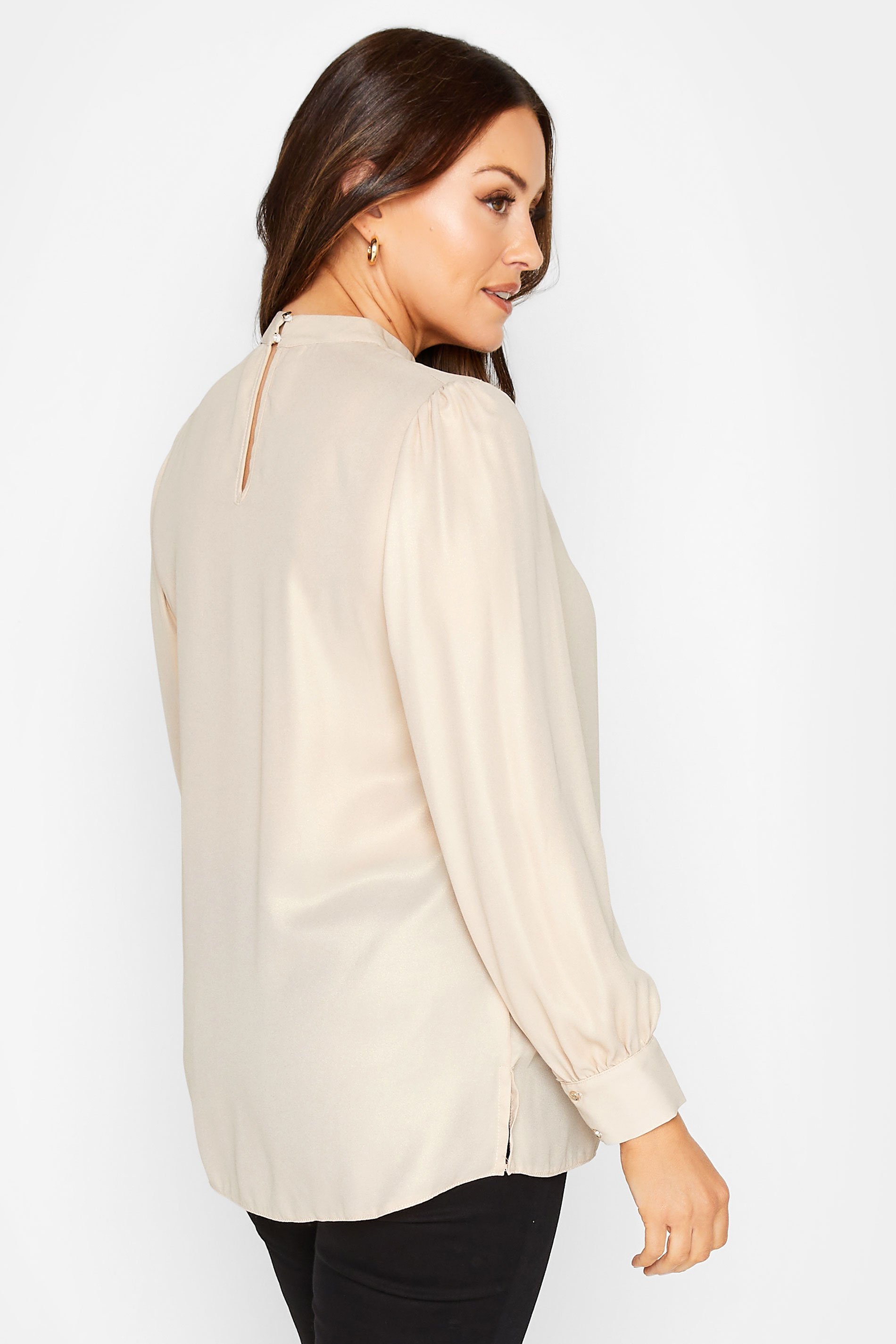 M&Co Beige Brown Keyhole Back High Neck Blouse | M&Co