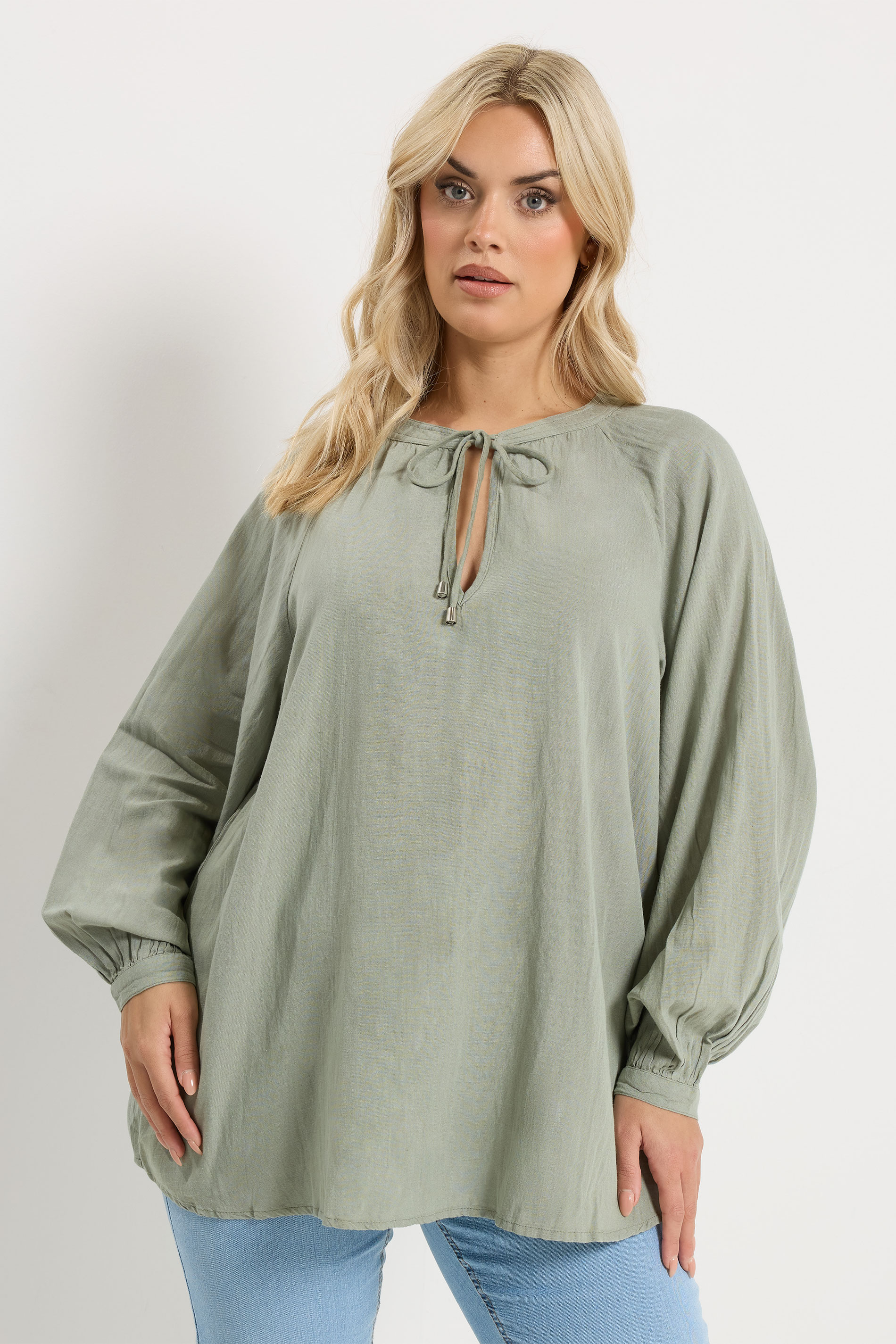 YOURS Plus Size Sage Green Tie Neck Top | Yours Clothing