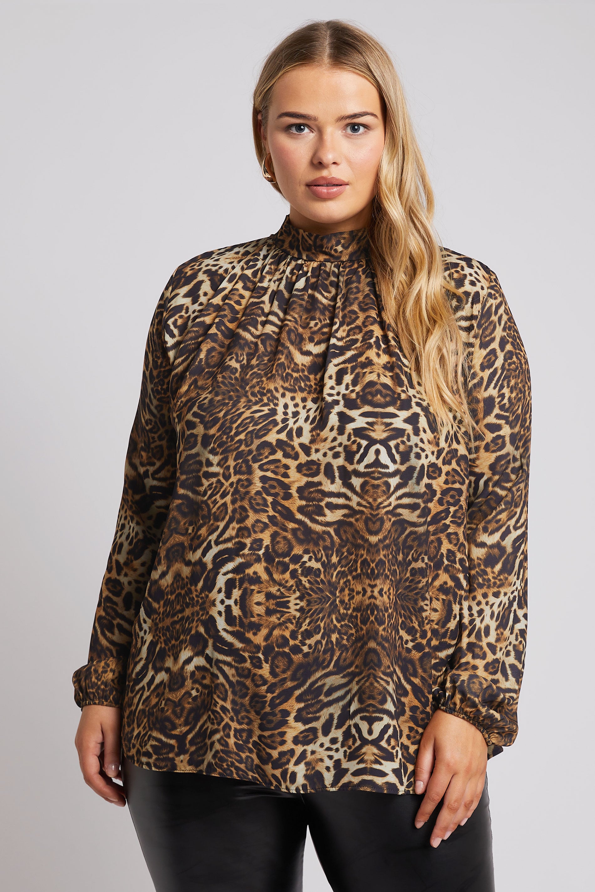 YOURS LONDON Plus Size Brown Animal Print High Neck Blouse | Yours Clothing