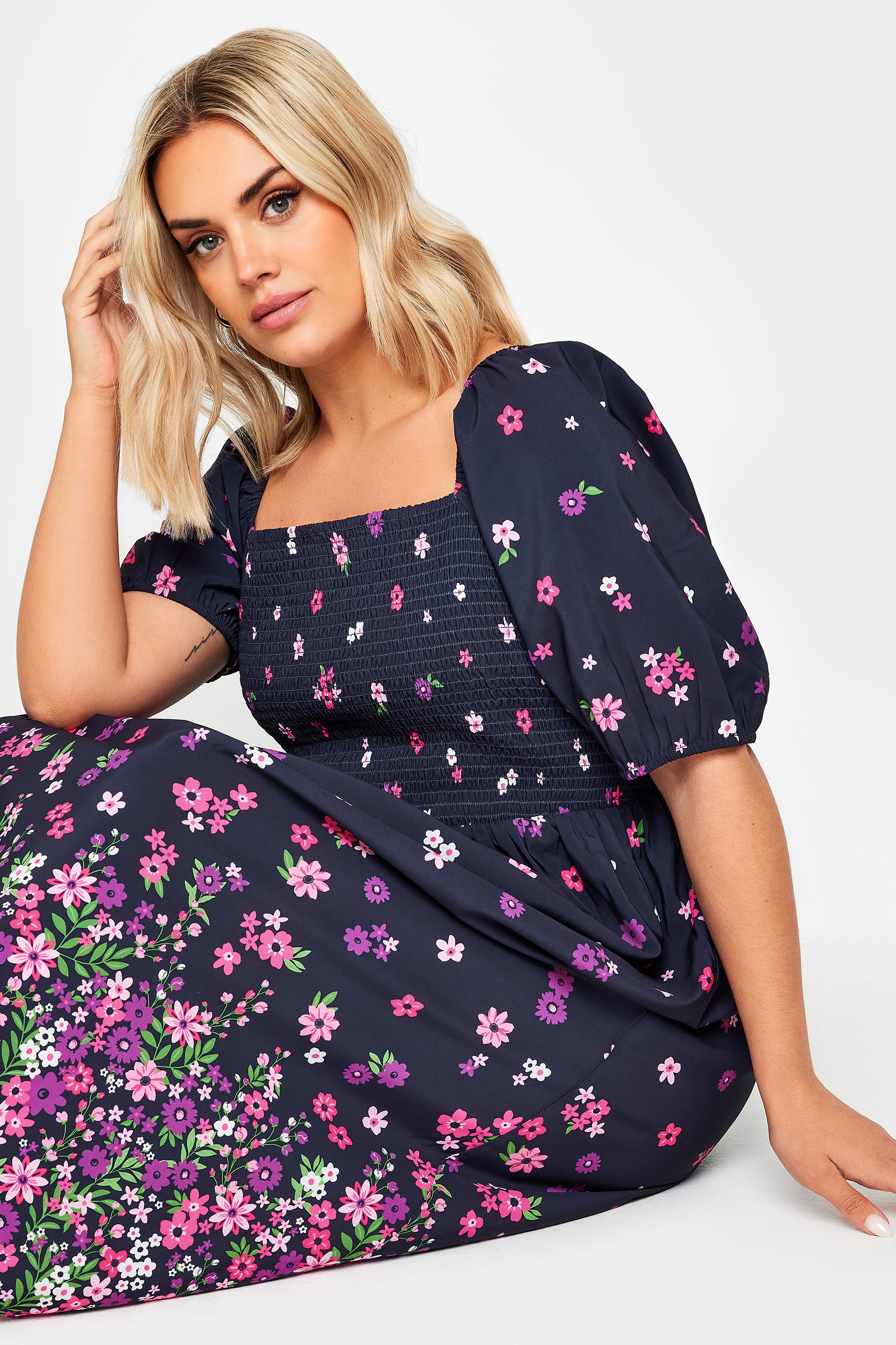 Yours Plus Size Navy Blue Floral Border Print Shirred Midi Dress ...