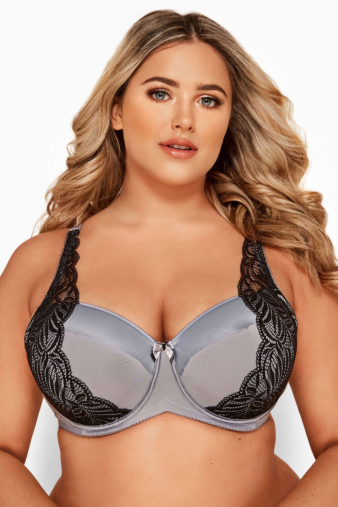 Plus Size Grey Satin Lace Wired Bra Sizes 38DD To 48G Yours Clothing Plus Size Grey Satin Lace Wired Bra Sizes 38DD To 48G Yours Clothing