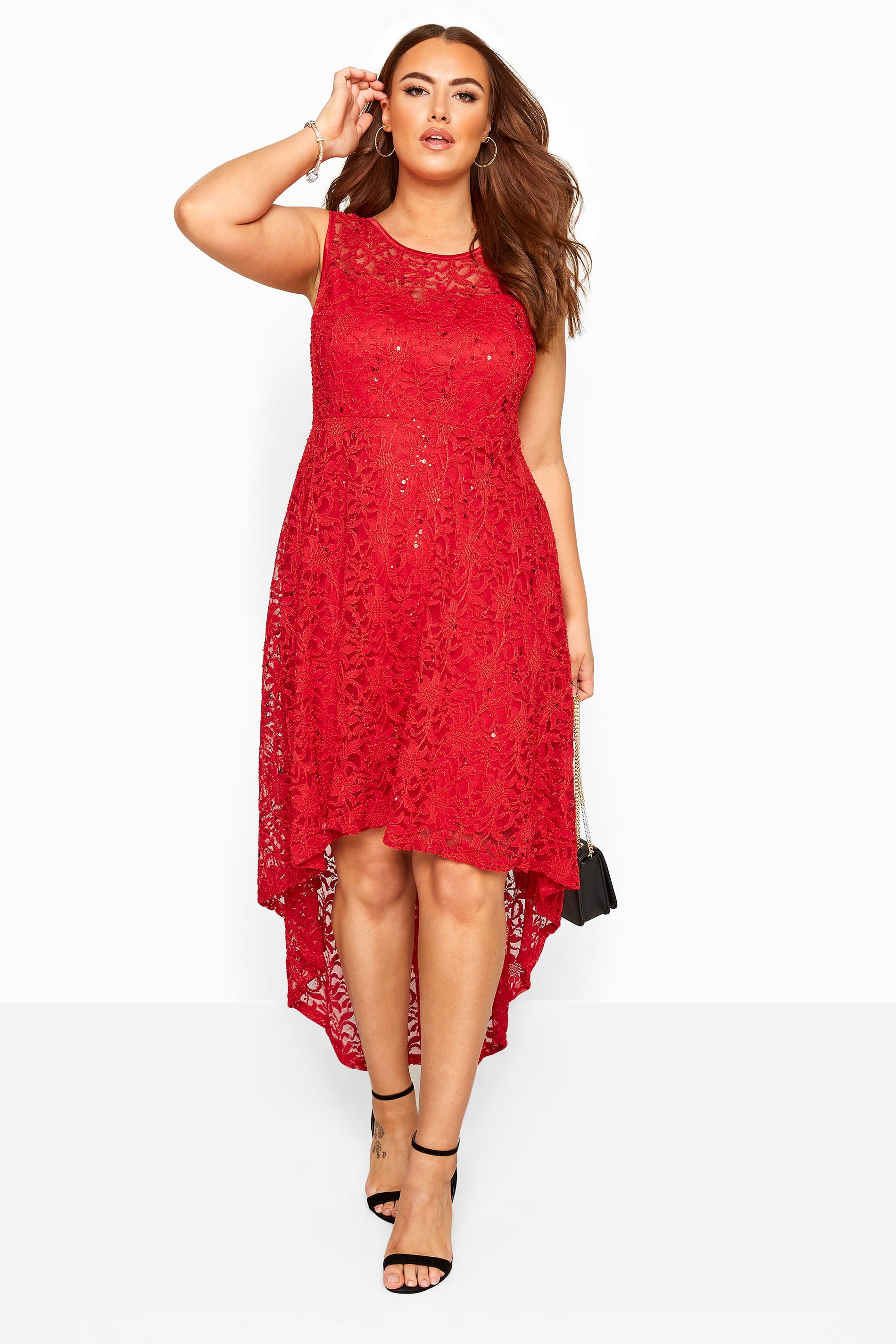 IZABEL CURVE Red Lace Sequin High Low Dress Yours Clothing
