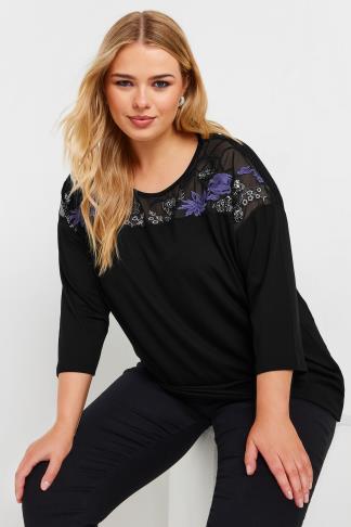 YOURS Plus Size Black & Purple Mesh Embellished Swing Top | Yours Clothing