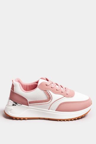 White & Pink Contrast Chunky Trainers In Wide E Fit | Yours Clothing