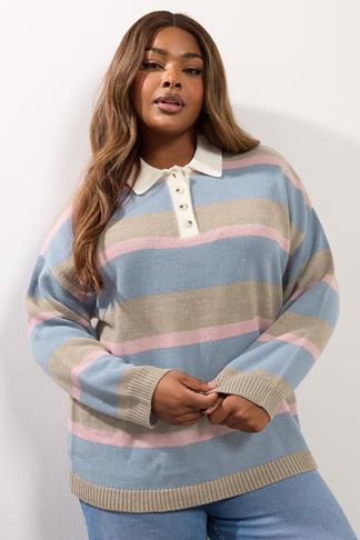 YOURS Plus Size Blue Stripe Rugby Collar Jumper | Yours Clothing