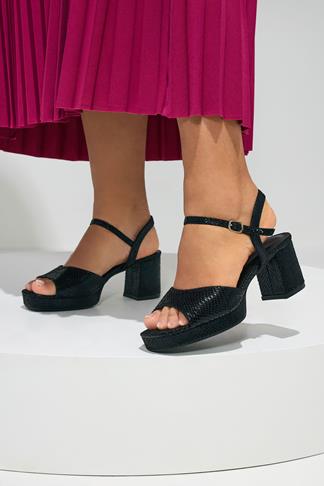 Black Snake Effect Square Toe Platform Heels In Wide E Fit | Yours Clothing