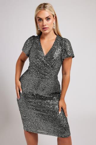 YOURS LONDON Plus Size Silver Sequin Embellished Wrap Dress | Yours ...