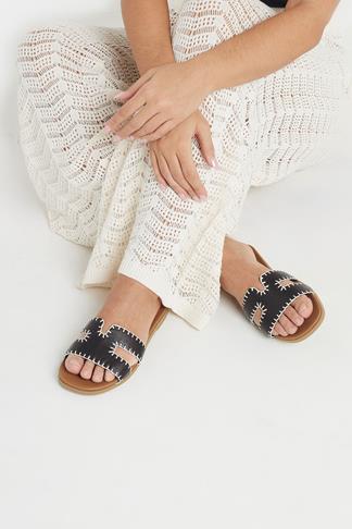 Mules Plates Noires Effet Cuir Design Couture Pieds Extra Larges EEE ...