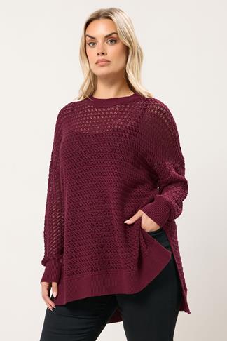 YOURS Plus Size Burgundy Red Knitted Side Split Jumper | Yours Clothing