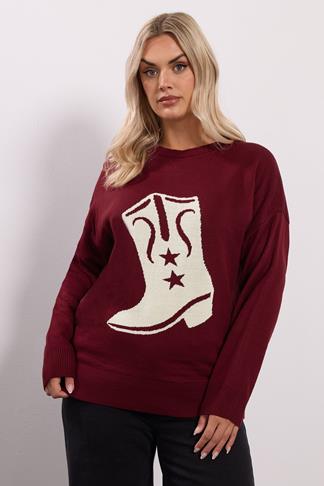 YOURS Plus Size Burgundy Red Western Boot Jumper | Yours Clothing