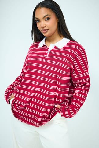 YOURS Plus Size Red & White Stripe Rugby Collar Top | Yours Clothing