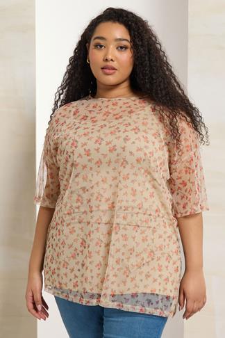 YOURS Plus Size Natural Brown Ditsy Floral Oversized Mesh Top | Yours ...
