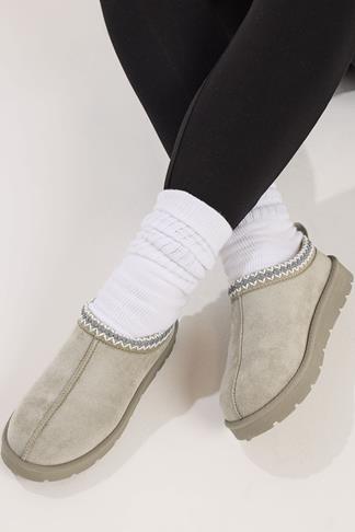 Grey Faux Suede Embroidered Mules In Standard Fit | Yours Clothing