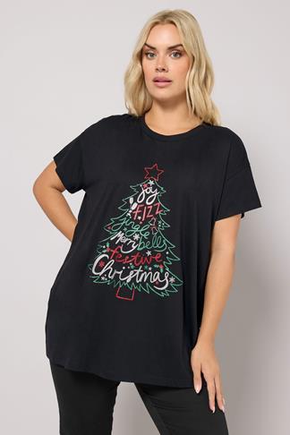 YOURS Plus Size Black Glitter Christmas Tree Novelty Christmas T-Shirt ...