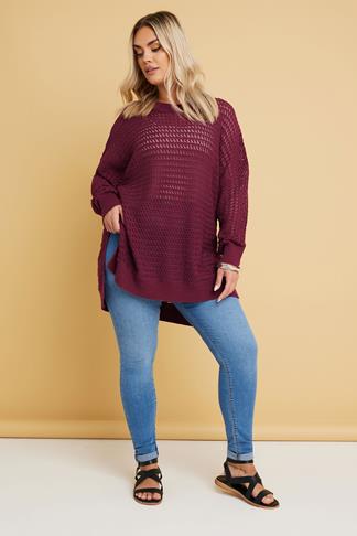 YOURS Plus Size Burgundy Red Knitted Side Split Jumper | Yours Clothing