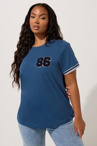 YOURS Plus Size Blue '86' Varsity Trim T-Shirt | Yours Clothing