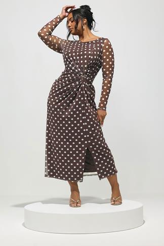 YOURS LONDON Plus Size Chocolate Brown Polka Dot Knot Dress | Yours ...