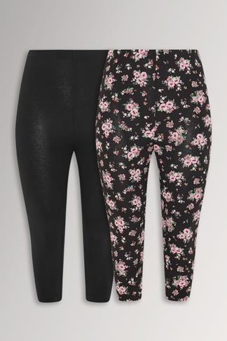 YOURSET 2 PACK Plus Size Black Floral Cropped Leggings | Yours Clothing