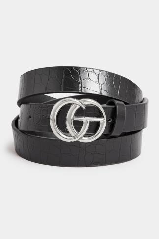 2 PACK Black & Croc Print Initial Logo Belts | Yours Clothing