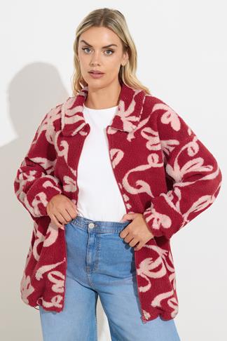 YOURS Plus Size Rode Fleece Jas met Strikprint | Yours Clothing