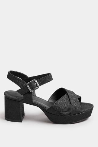 Black Cross Over Strap Glitter Heels In Wide E Fit & Extra Wide EEE Fit ...