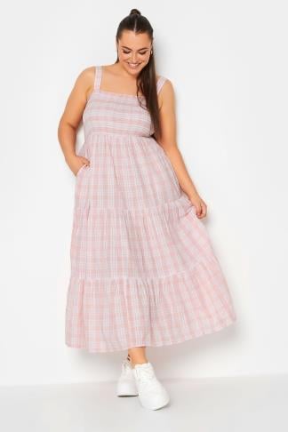 YOURS Plus Size Pink Check Print Shirred Strappy Sundress | Yours Clothing
