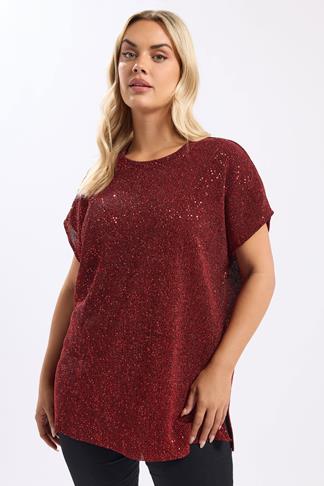 YOURS Plus Size Red Sequin Grown-On Sleeve T-Shirt | Yours Clothing