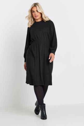 YOURS Plus Size Black Ribbed High Neck Midi Dress | Yours Clothing