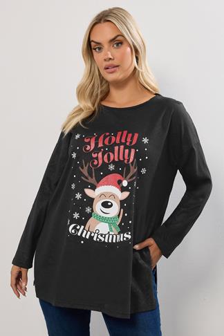 YOURS Top Navidad negro de reno "Holly Jolly" | Yours Clothing