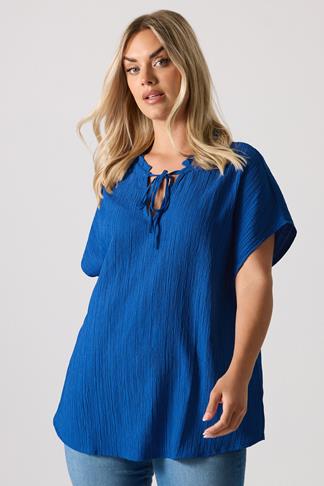 YOURS Plus Size Cobalt Blue Textured Frill Neck Top | Yours Clothing