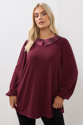 YOURS Plus Size Red Check Collar Ribbed Top | Yours Clothing