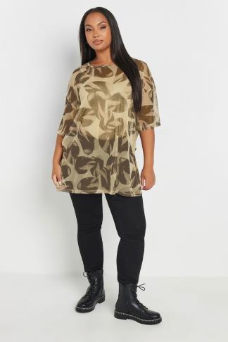 YOURS Plus Size Natural Brown Leaf Print Oversized Mesh Top | Yours ...
