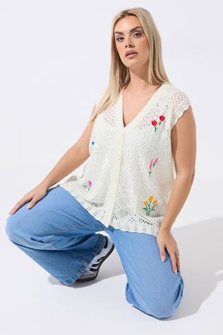 LIMITED COLLECTION Plus Size Cream Flower Embroidered Knitted Waistcoat ...