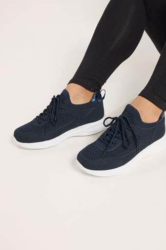 Navy Blue Knitted Trainers In Extra Wide EEE Fit | Yours Clothing