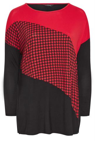YOURS Plus Size Red Dogtooth Check Oversized Top | Yours Clothing