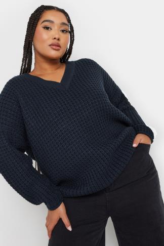 YOURS Plus Size Navy Blue Waffle Knit V-Neck Jumper | Yours Clothing
