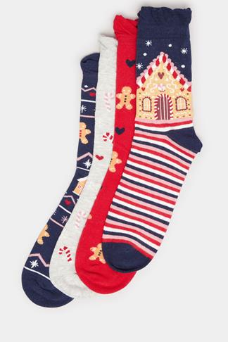 YOURS 4 PACK Plus Size Blue & Red Gingerbread Christmas Socks | Yours ...