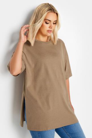 YOURS Plus Size Brown Side Split Oversized T-Shirt | Yours Clothing