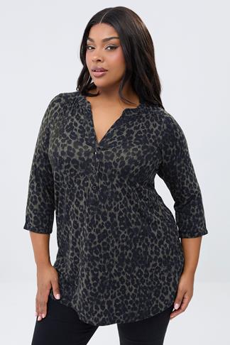 YOURS Plus Size Dark Green Leopard Print Placket Top | Yours Clothing
