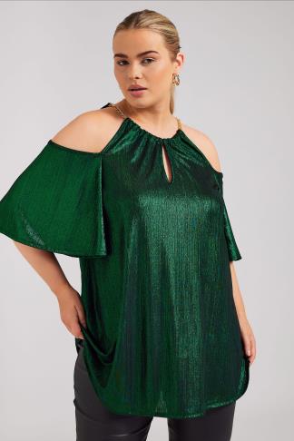 YOURS LONDON Plus Size Green Metallic Chain Detail Top | Yours Clothing