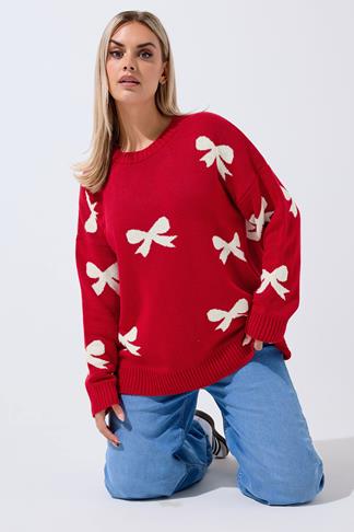 LIMITED COLLECTION Plus Size Red Bow Knitted Jumper | Yours Clothing