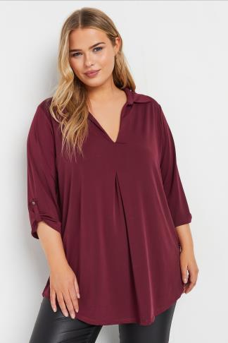 YOURS Plus Size Burgundy Red Collared Pleat Front Swing Top | Yours ...