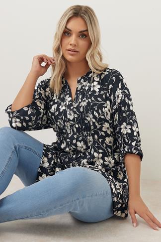 YOURS Plus Size Navy Blue Floral Pintuck Blouse | Yours Clothing