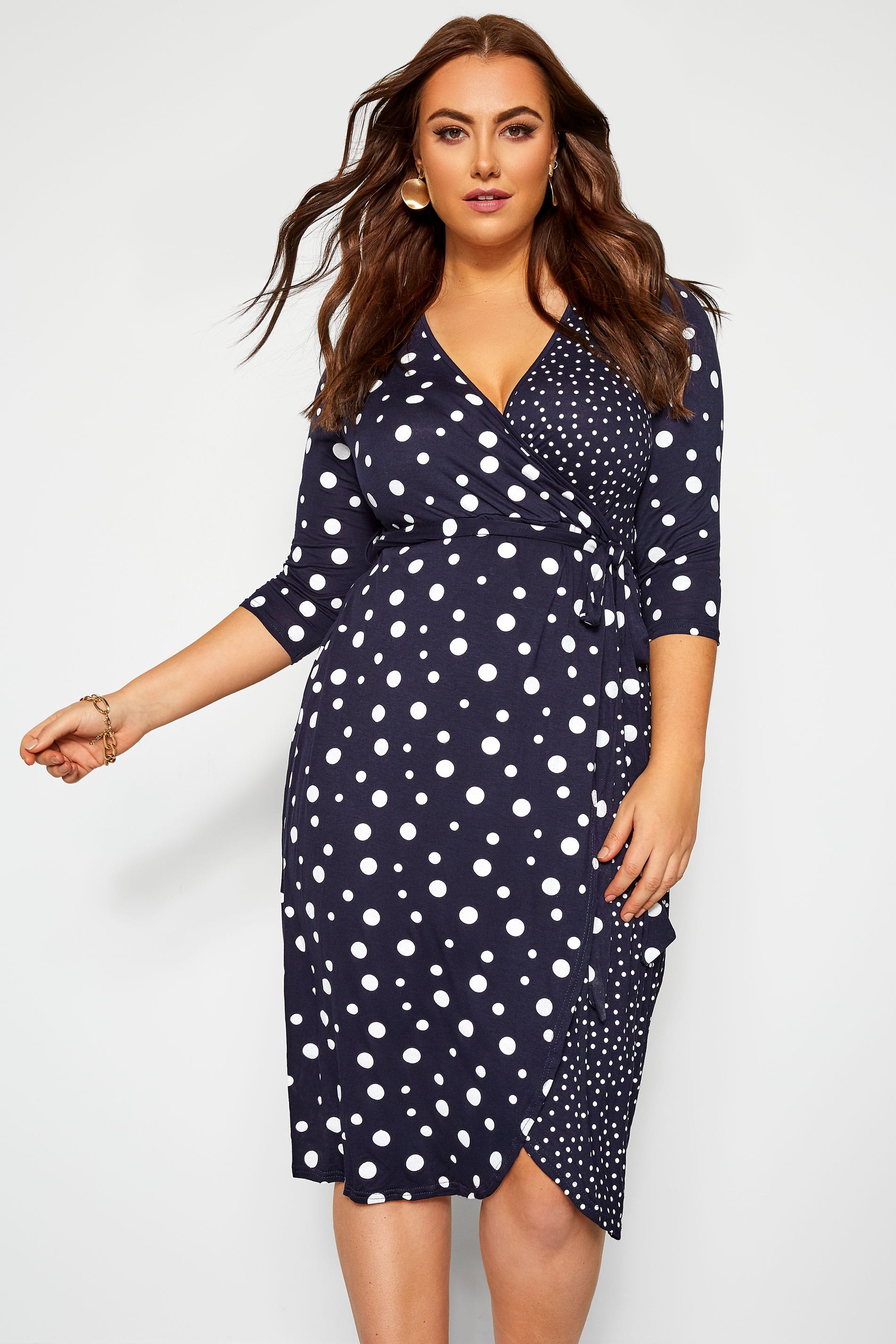 Donkerblauwe Wikkeljurk Met Polka Dot Yours Clothing