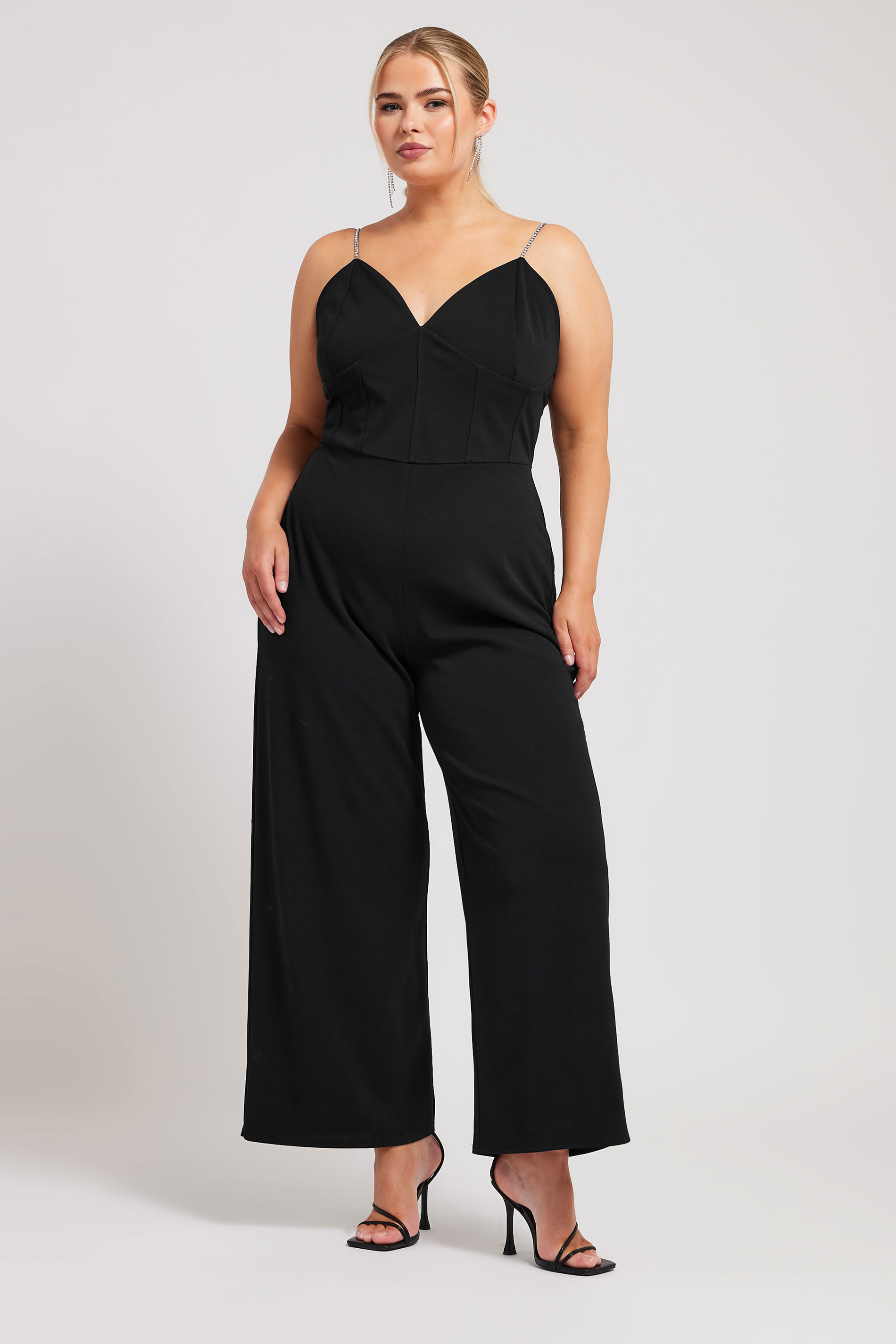 YOURS LONDON Plus Size Black Diamante Corset Jumpsuit | Yours Clothing
