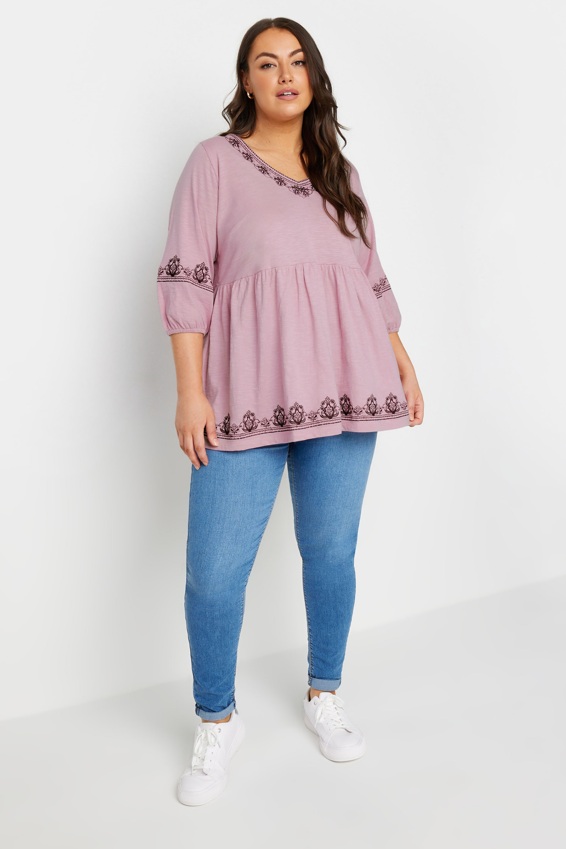 YOURS Plus Size Pink Embroidered Floral Smock Top | Yours Clothing