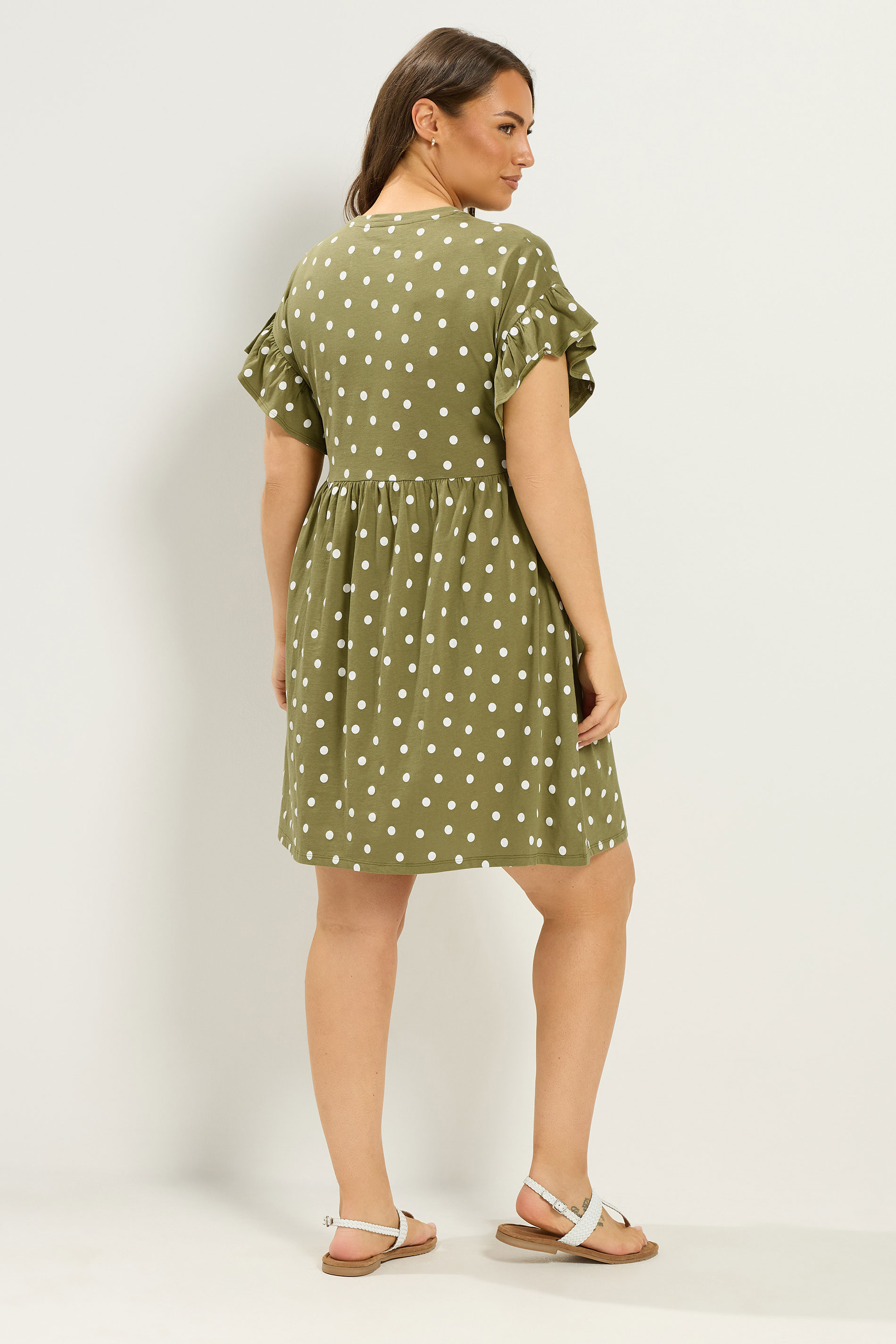 YOURS Plus Size Khaki Green Polka Dot Tunic Dress | Yours Clothing