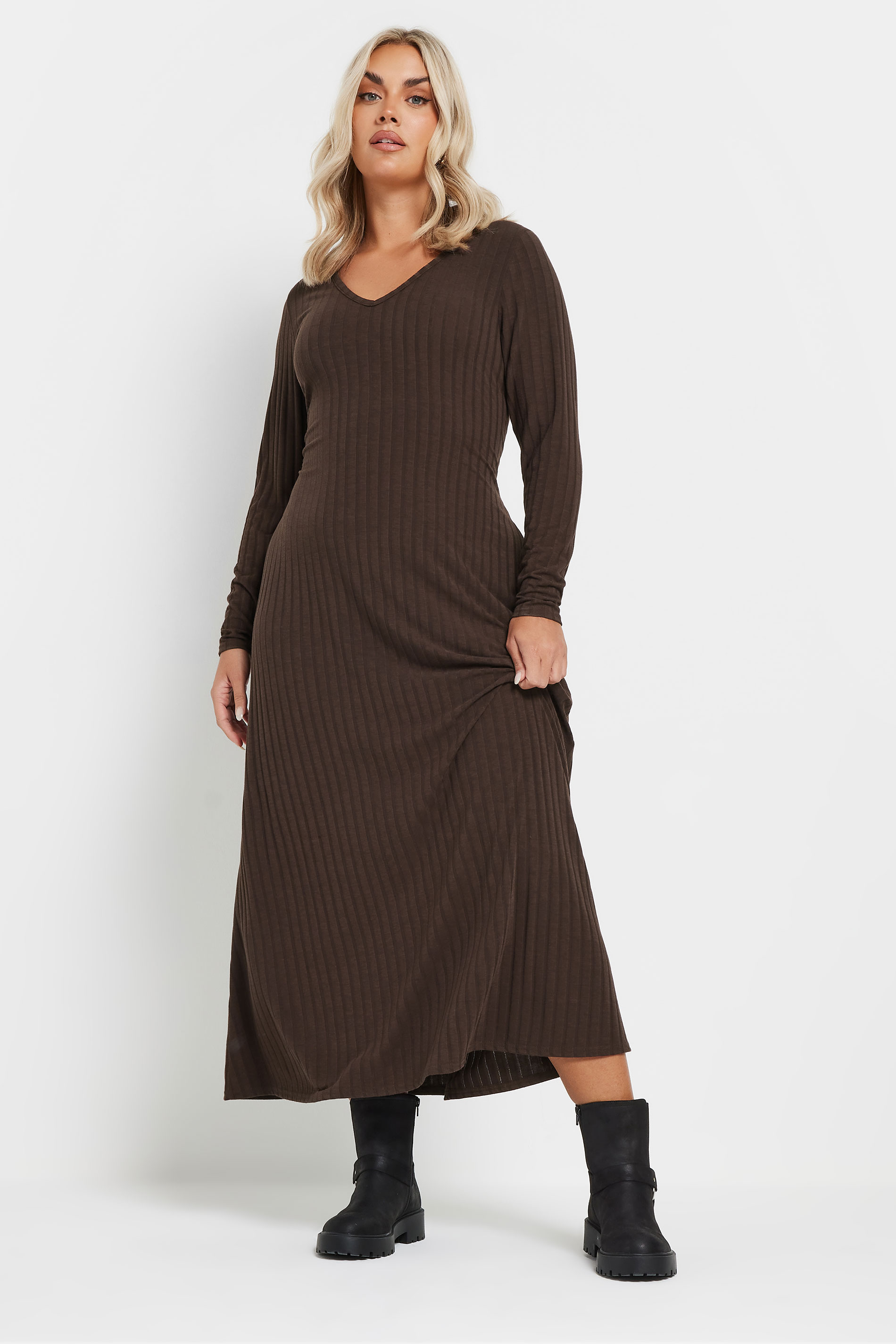 YOURS Plus Size Chocolate Brown Ribbed Flare Maxi Dress | Yours Clothing